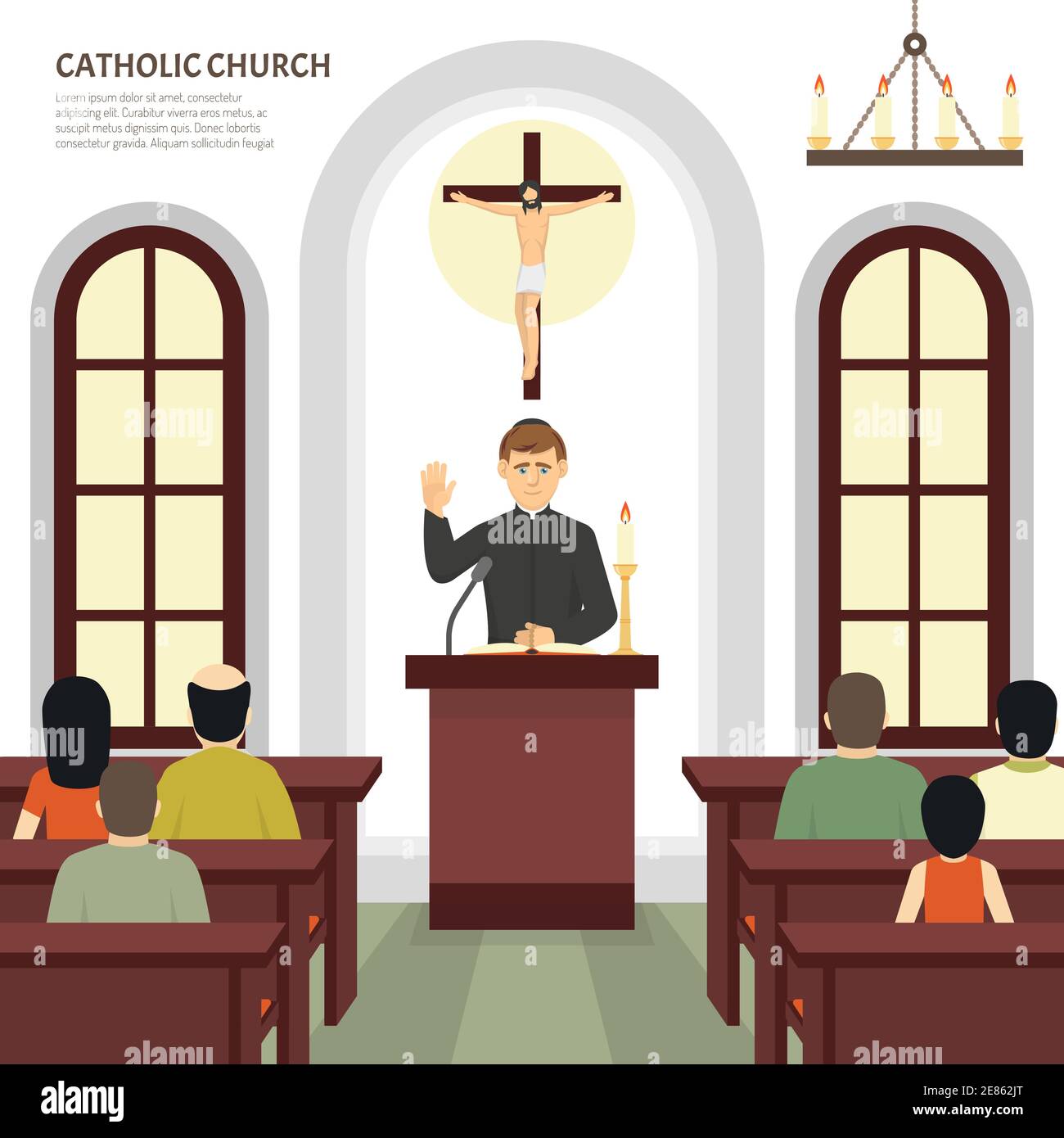 Color flat illustration depicting catholic church priest and crucifix ...