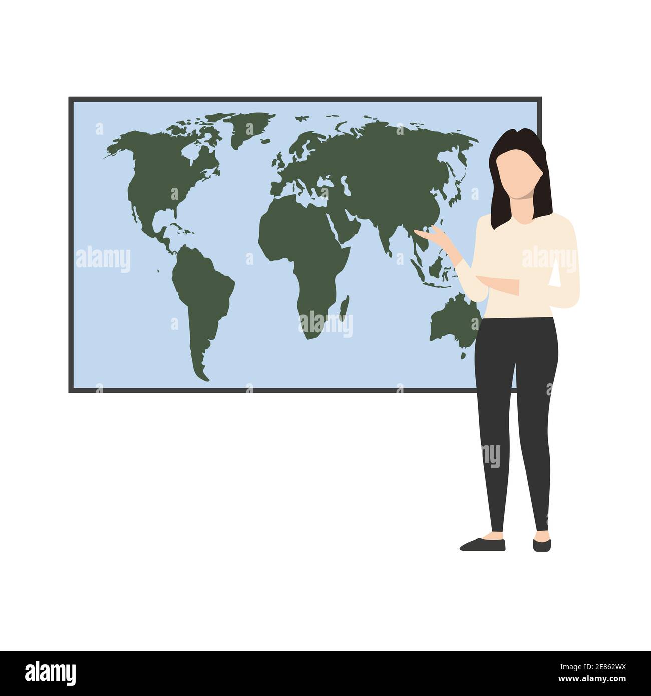 Illustration of a woman pointing her hand at a world map Stock Vector ...