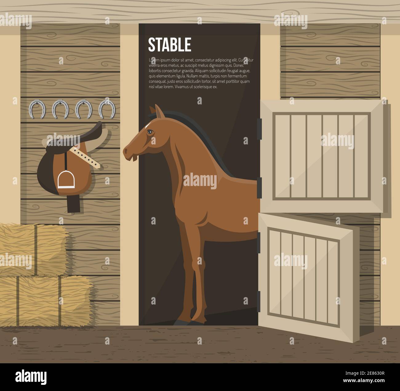 Horse breeding farm stable interior with standing in stall animal and ...