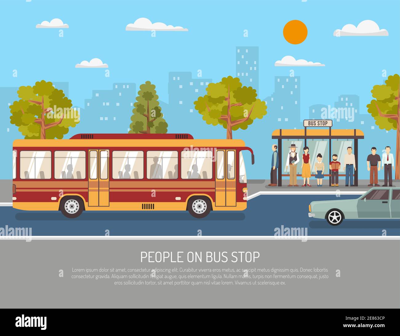 City public transport service flat poster with people waiting at bus ...