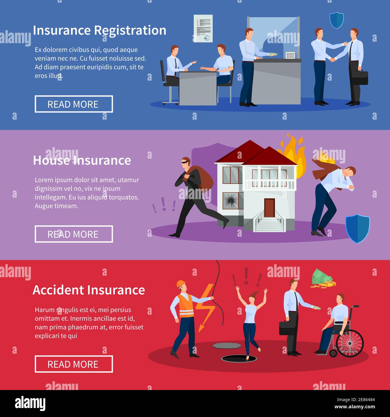 Personal and house insurance banner set with fire theft accidents and ...