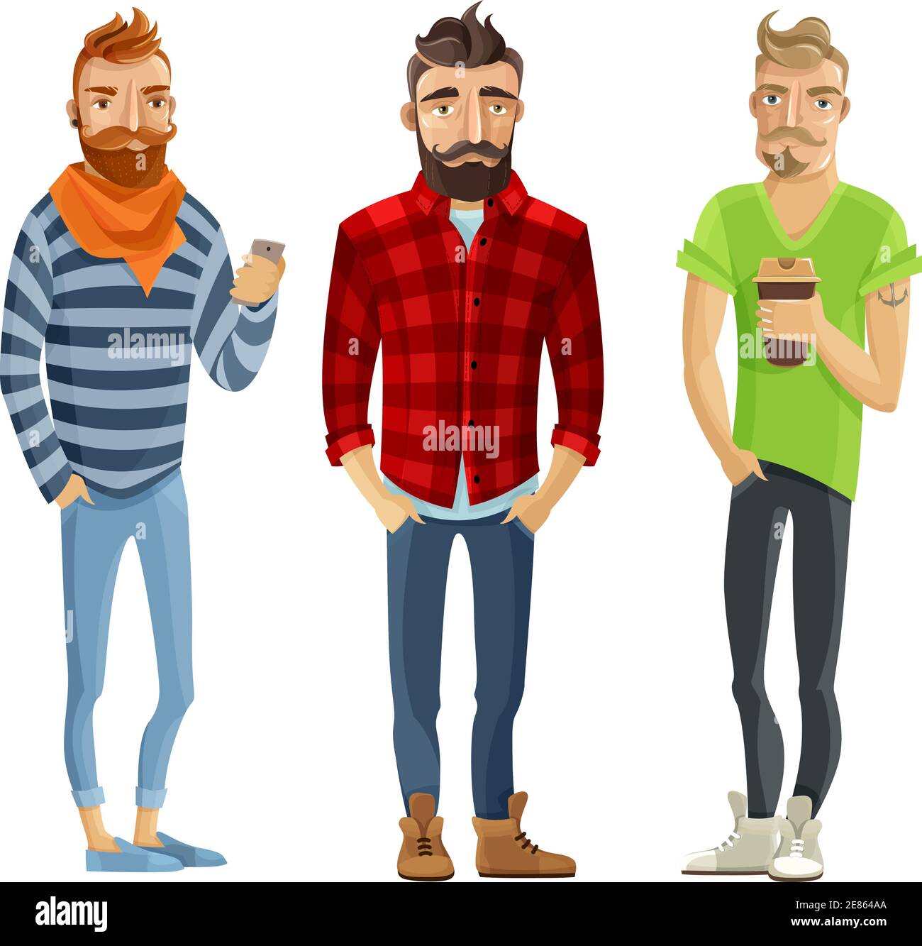 Hipster cartoon male people wearing trendy clothes and haircuts ...