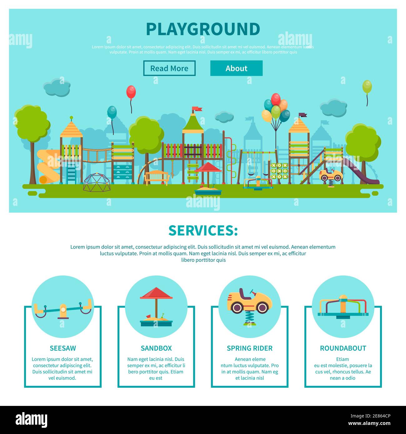 Color illustration web site page about outdoor games showing different ...
