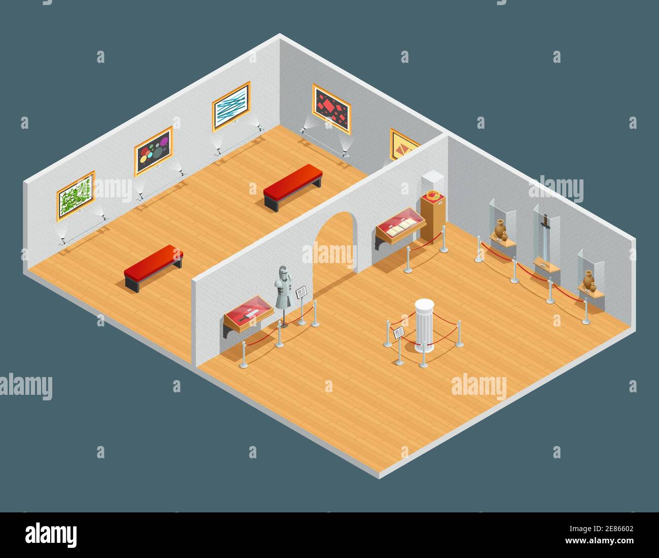 Isometric color illustration of museum interior with exhibit and ...