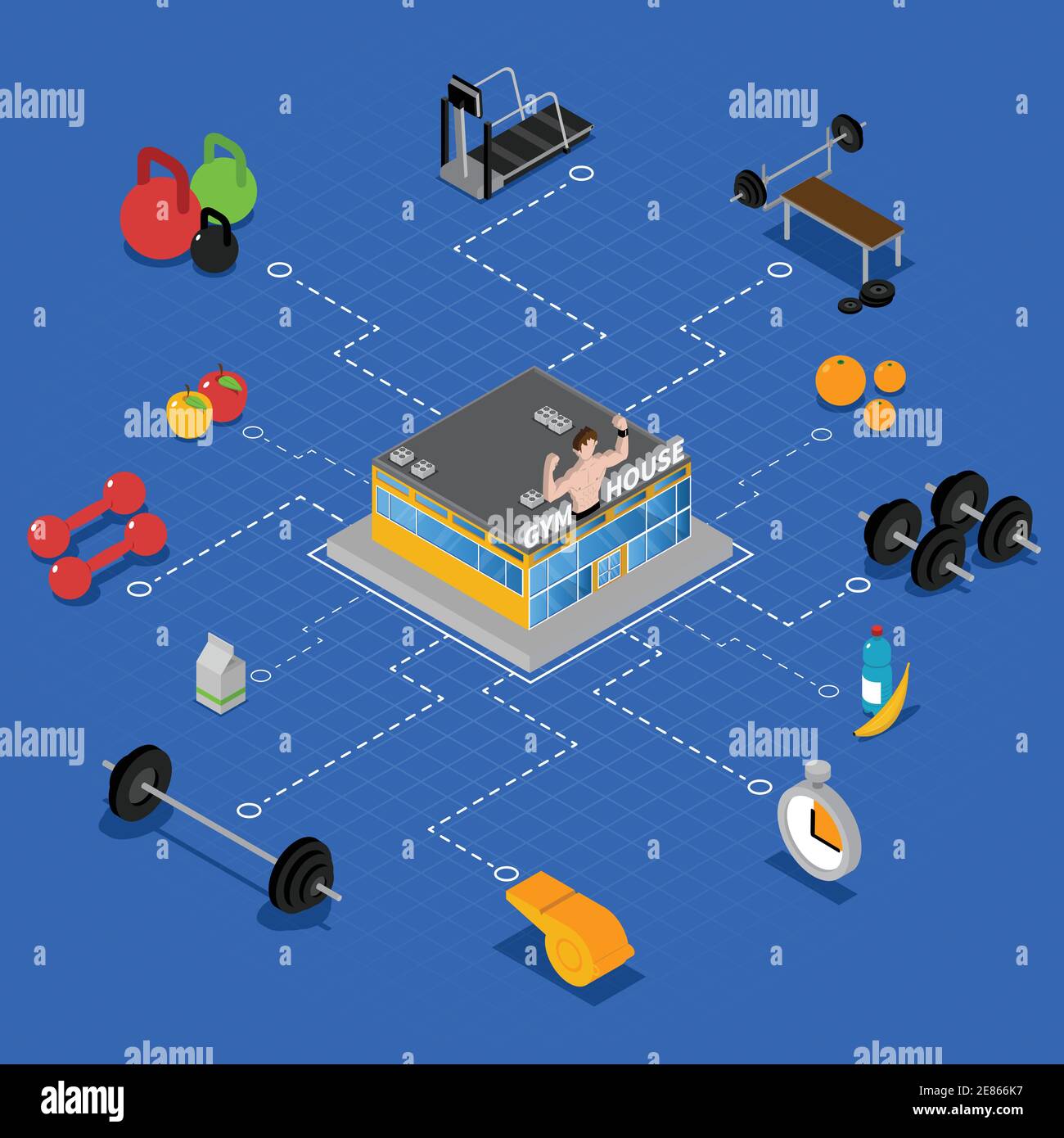 Gym isometric flowchart with fitness training and workout symbols ...