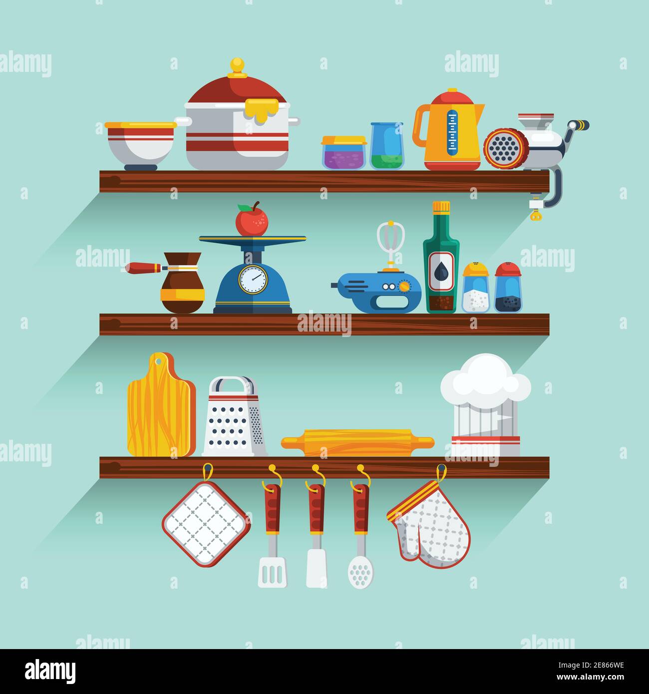 Kitchen Shelves Set. Kitchen Shelves Vector Illustration. Cooking Flat ...