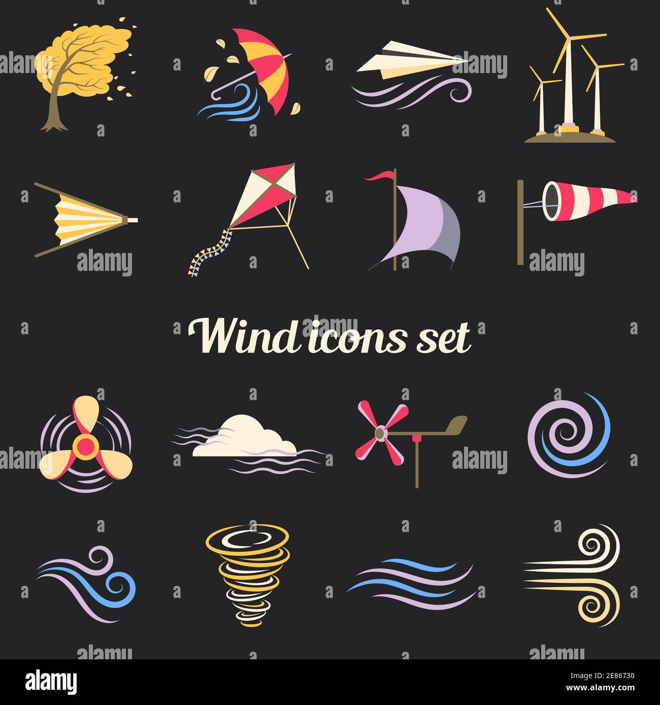 Set of color flat icons depicting different objects that make or use ...