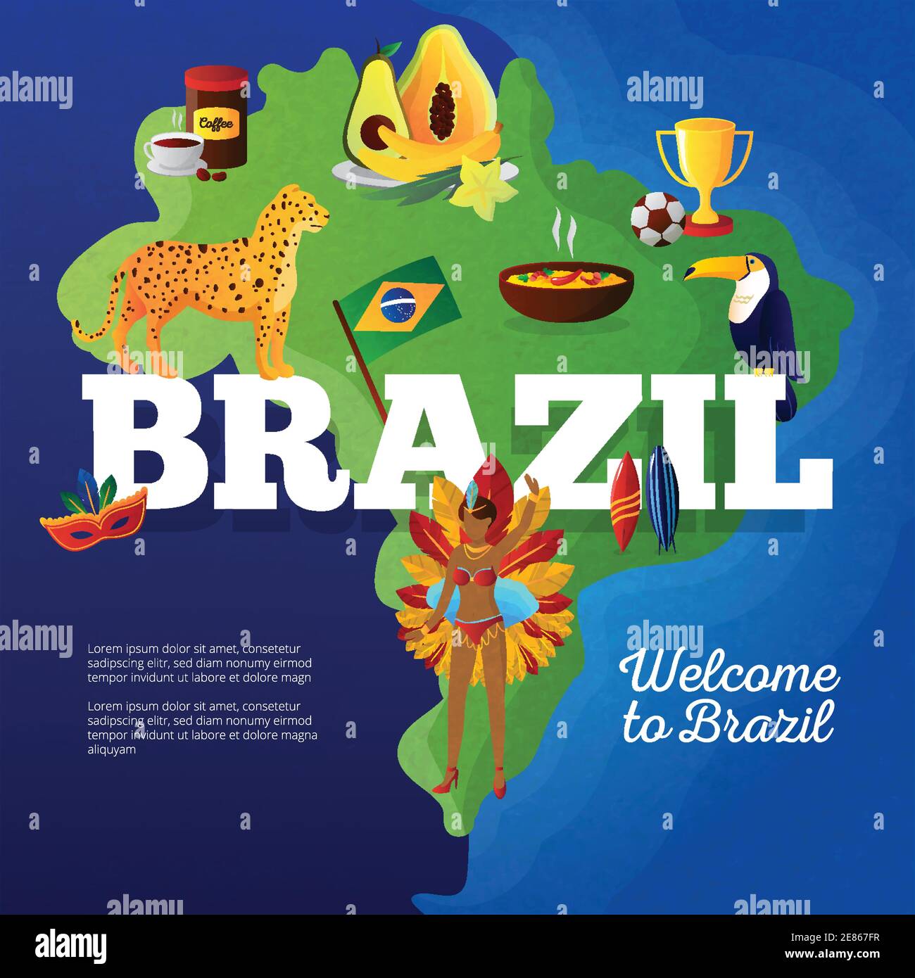 Brasil cultural symbols map for travelers flat poster with toucan bird ...