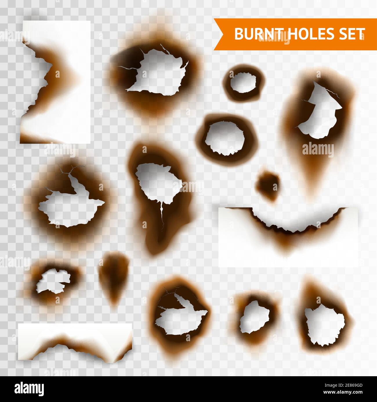 Set of scorched piece of paper and burnt holes on transparent ...