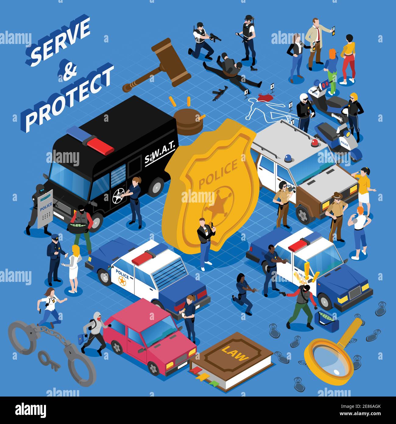 Color isometric composition all police services policeman car court ...