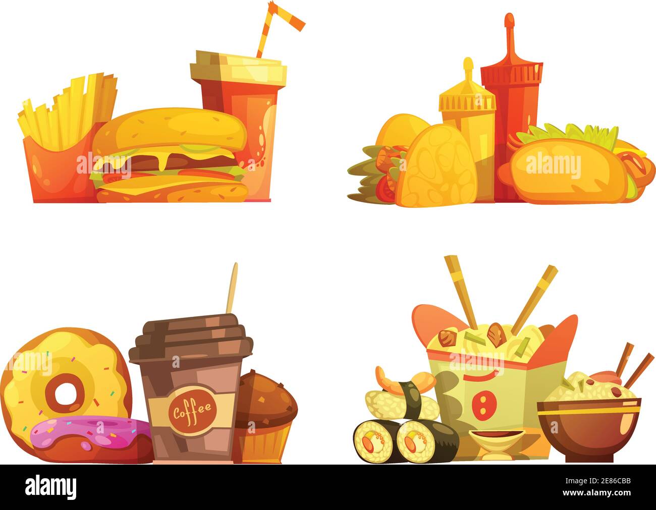 Fast food restaurant meals menu 4 samples square composition with taco ...