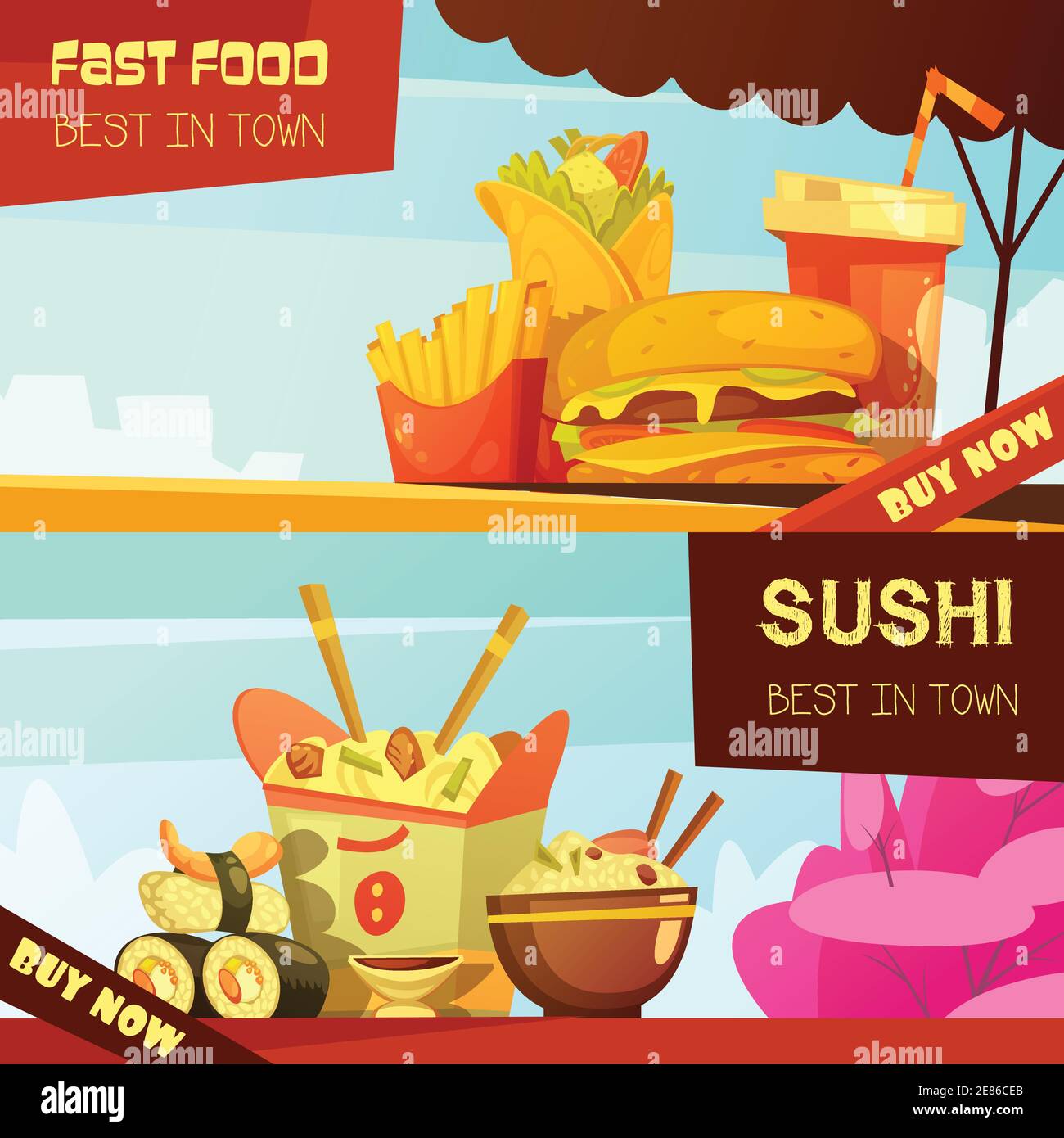 Town best fast food restaurant 2 horizontal advertisement banners set ...
