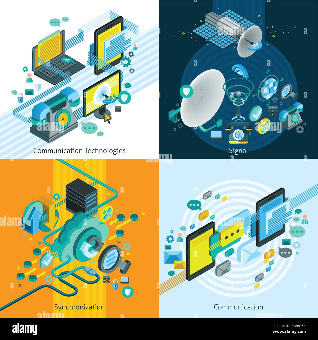 Telecom network mobile isometric 2x2 design concept with elements of ...