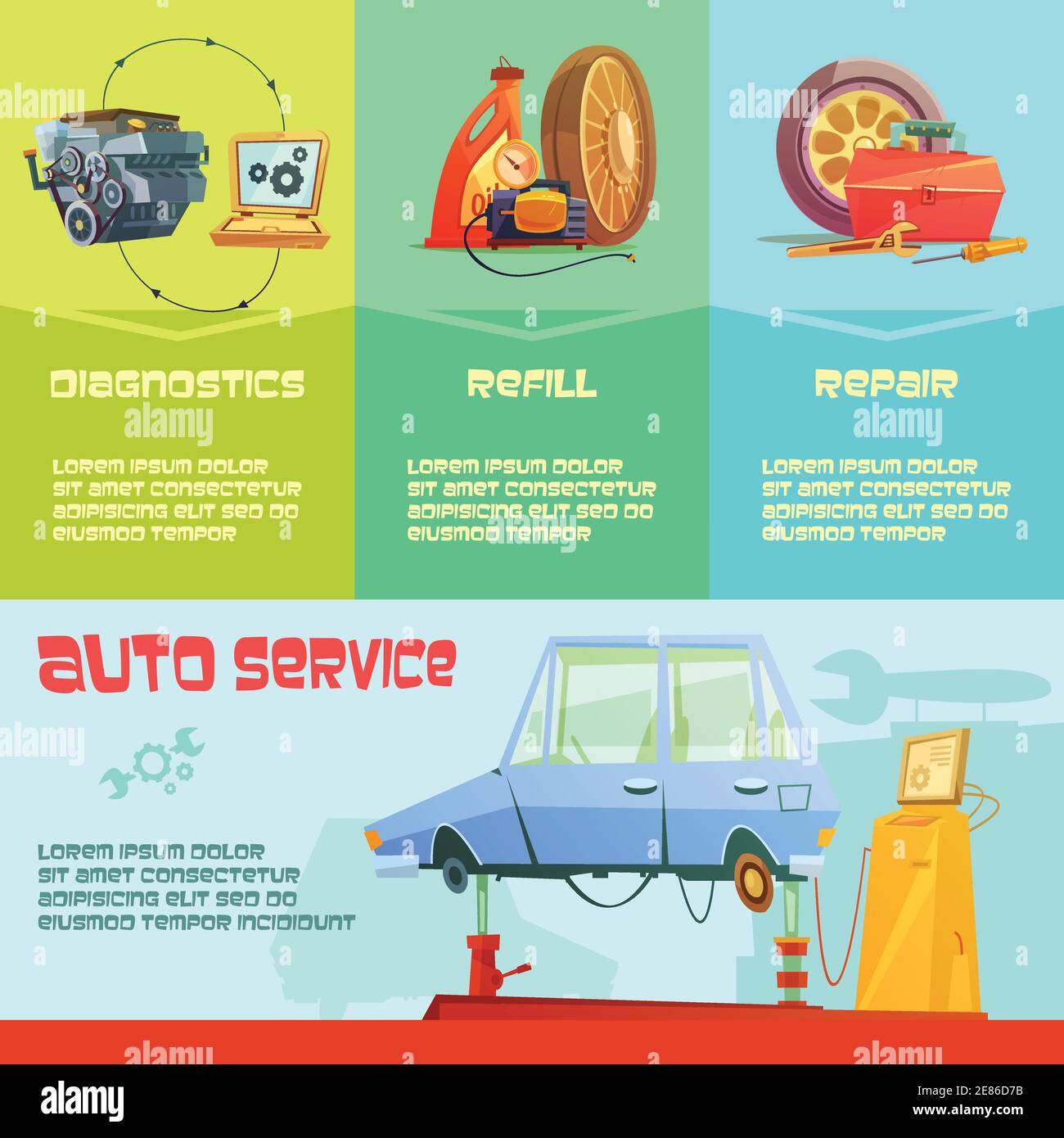 Auto service infographic set with diagnostics refill and repair symbols ...