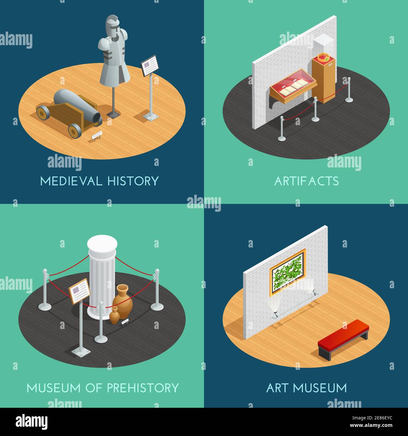 Museum 2x2 compositions presenting different exhibitions prehistory ...