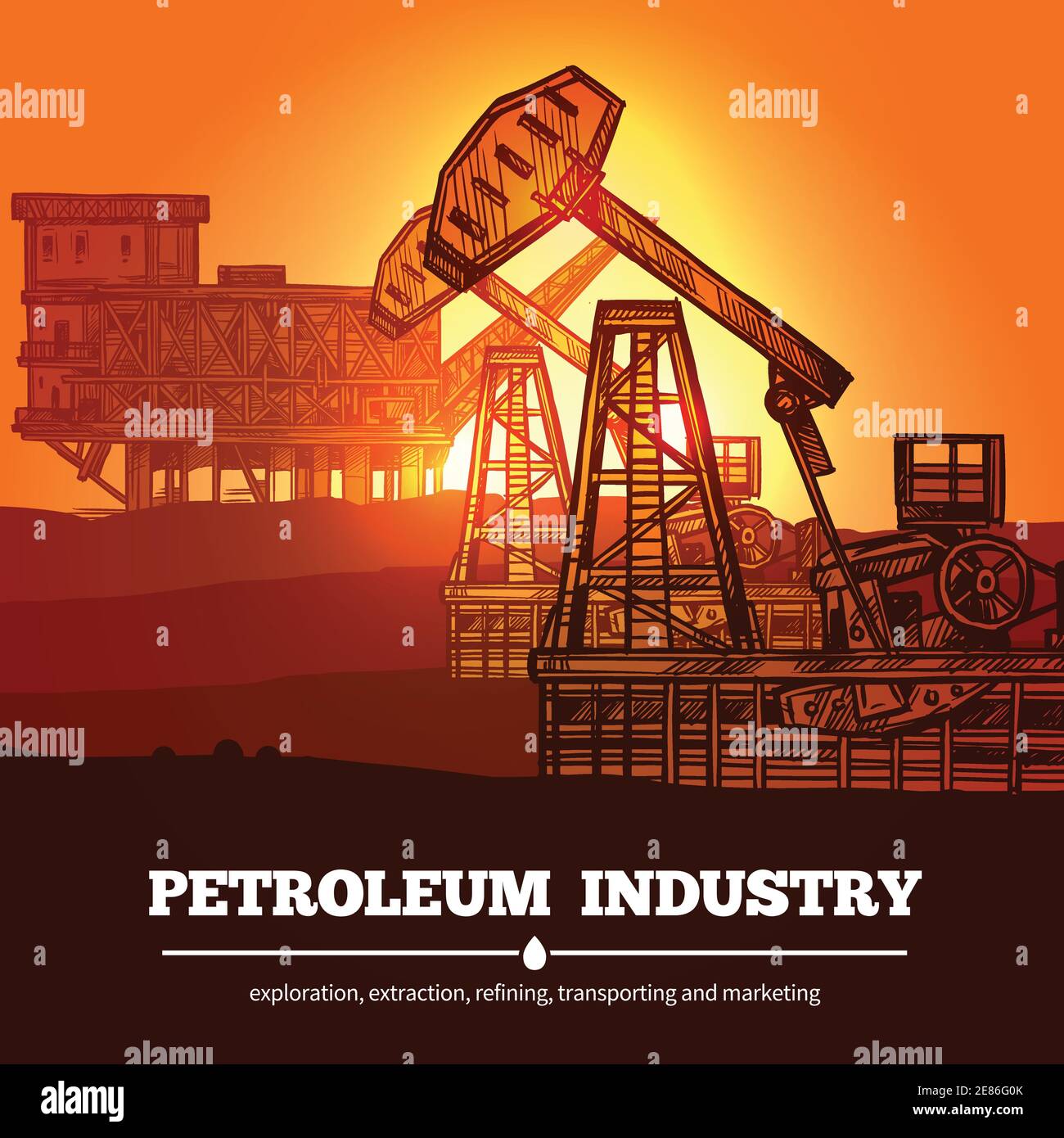 Petroleum industry design concept with hand drawn oil rigs and ...