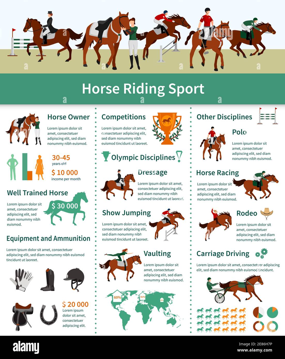 Horse rising infographics flat layout with rodeo carriage driving ...