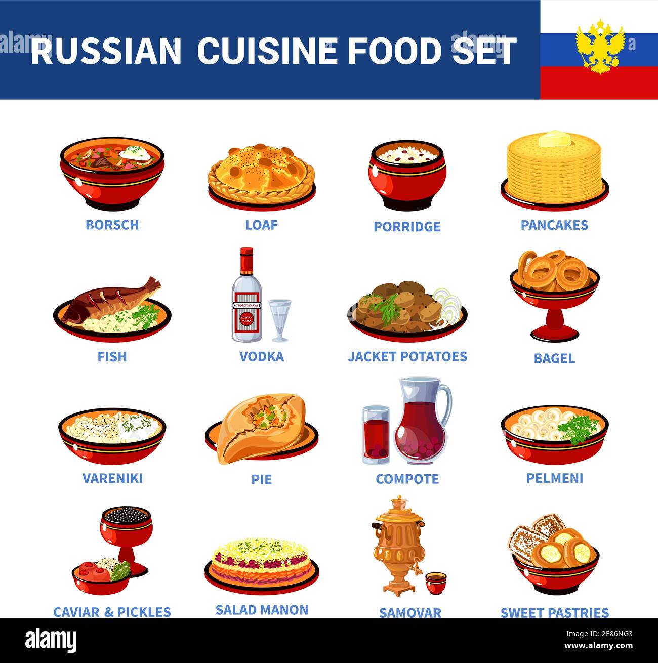 Russian national food dishes flat icons set with porridge pancakes ...