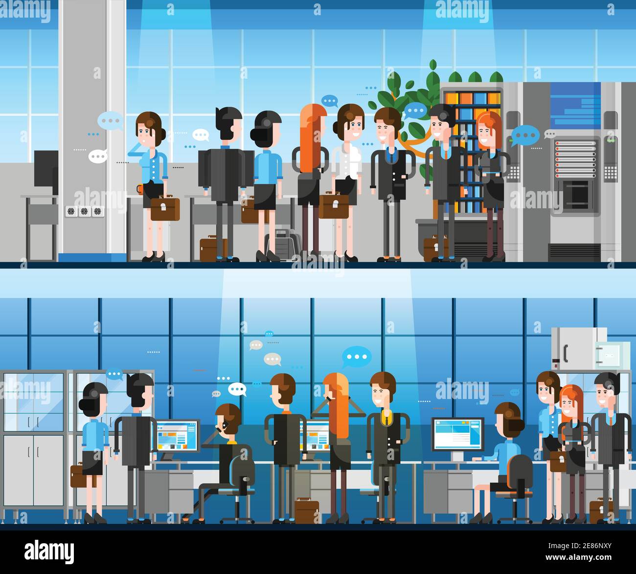 Cartoon office people indoor composition with team of positive young ...