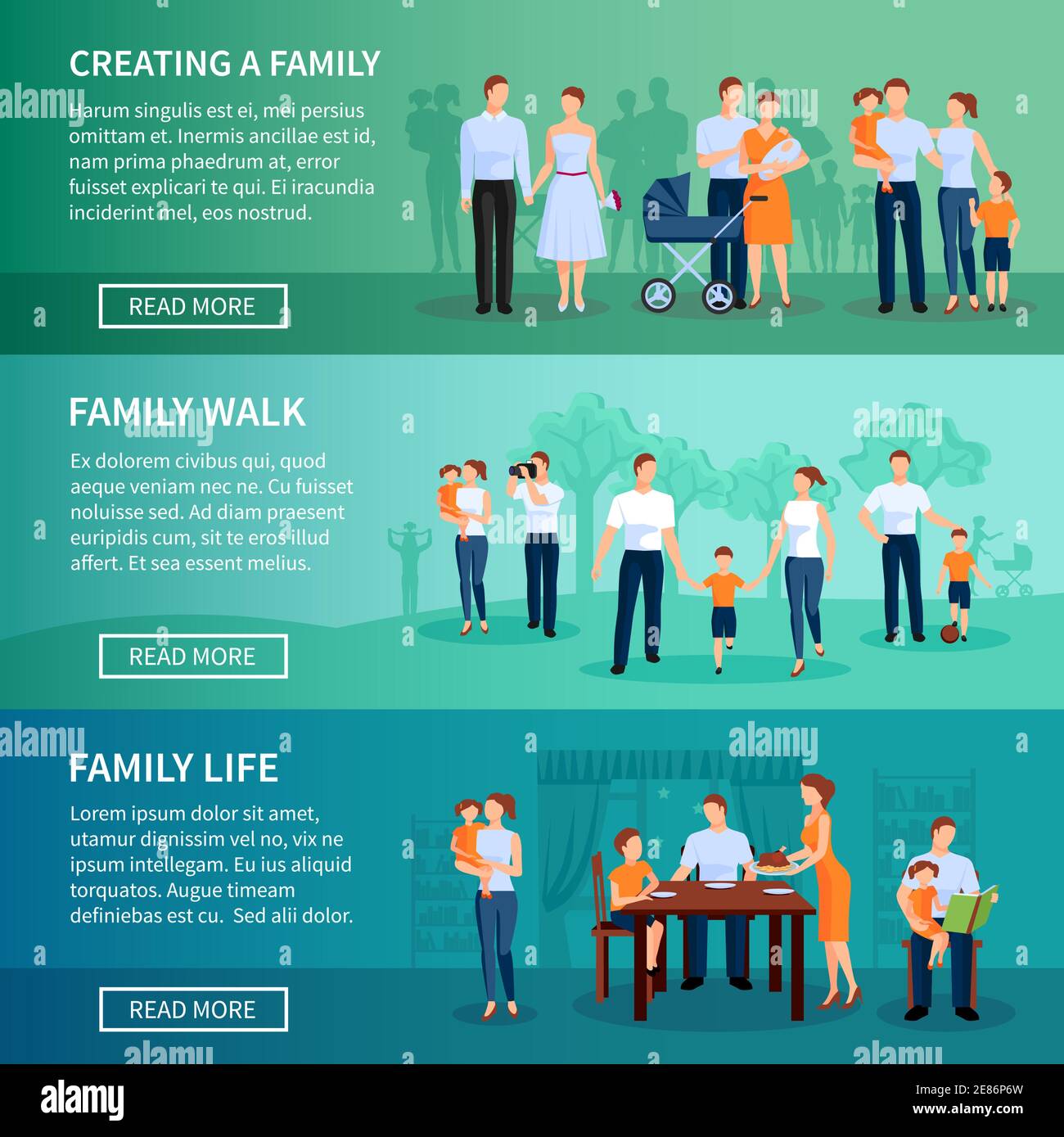 Family horizontal banners set with creating a family symbols flat ...