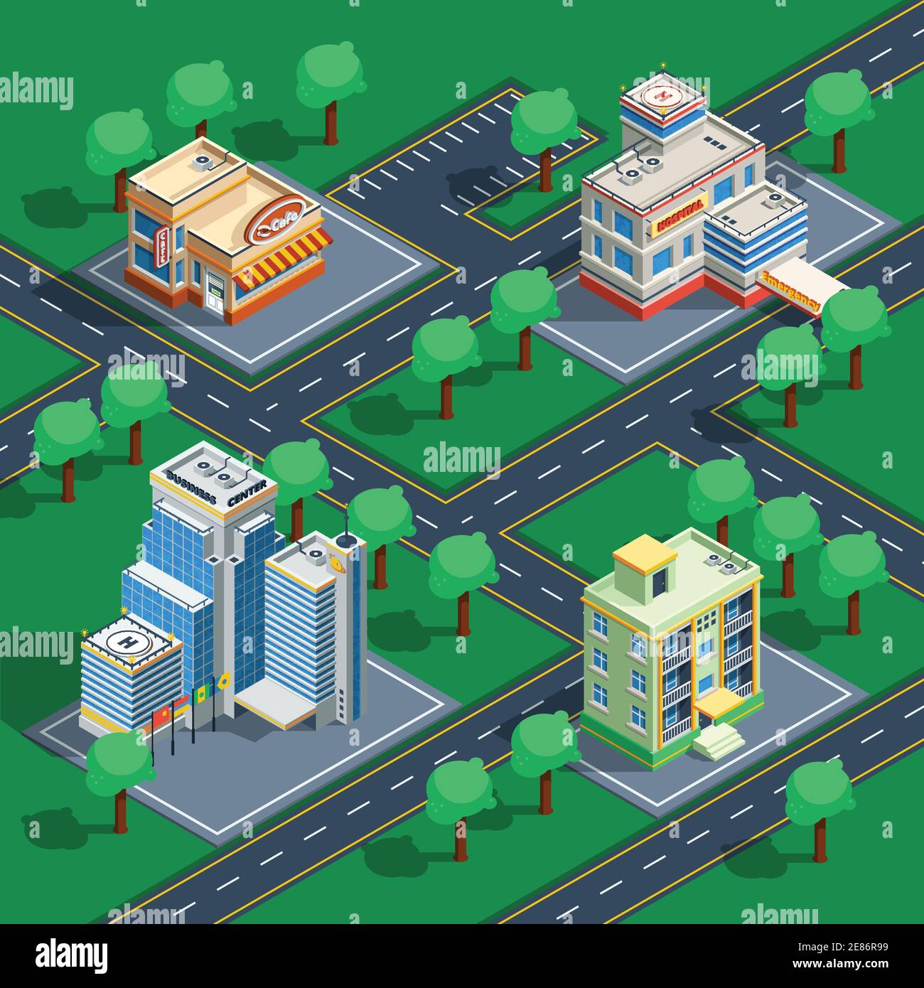 Isometric decorative icon set with buildings placed on the abstract ...