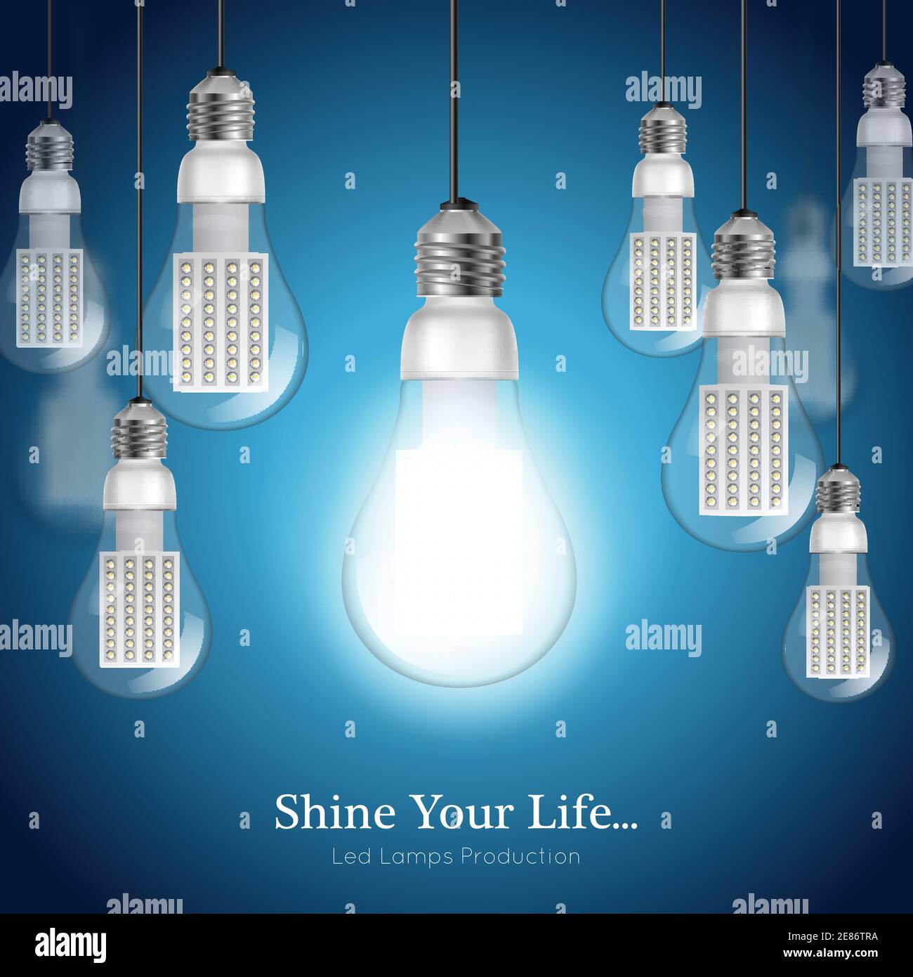 Blue background with hanging turned on and off led lightbulbs realistic ...