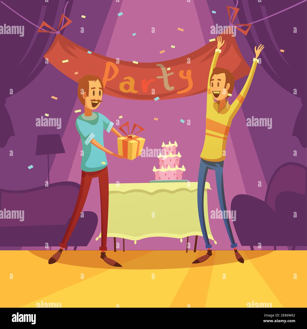 Friends and party background with cake decorations and present cartoon ...