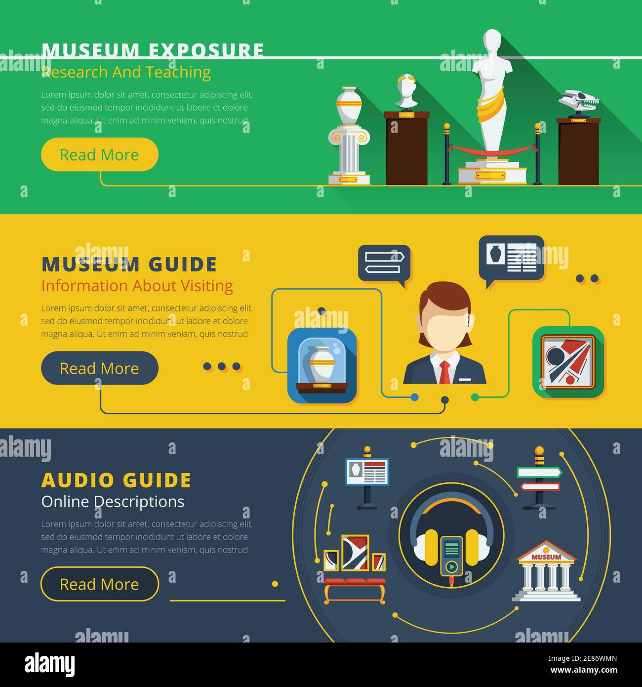 Museum horizontal banner set with examples of exhibit guide service and ...