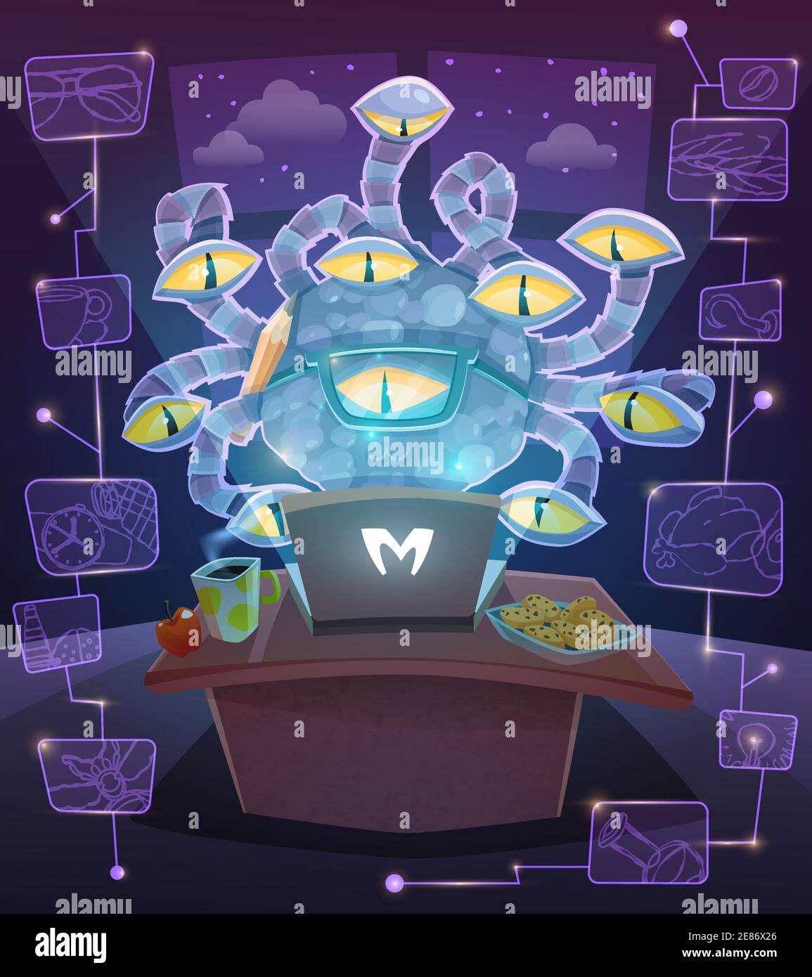 Programmer art director working on computer monster with ten eyes in ...