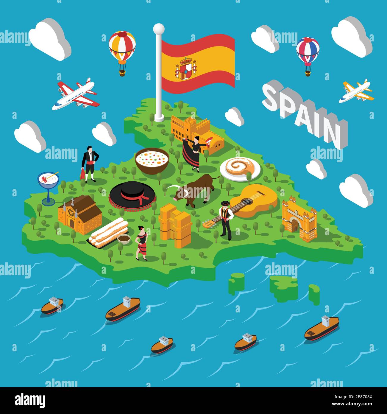Touristic Spain isometric map with culture and sightseeing symbols ...