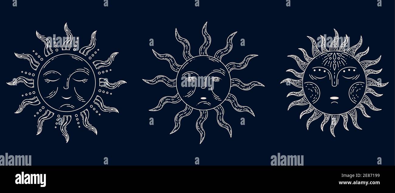 Set of 3 sun in retro style. Stars. Astrology, astronomy. Magic sign ...