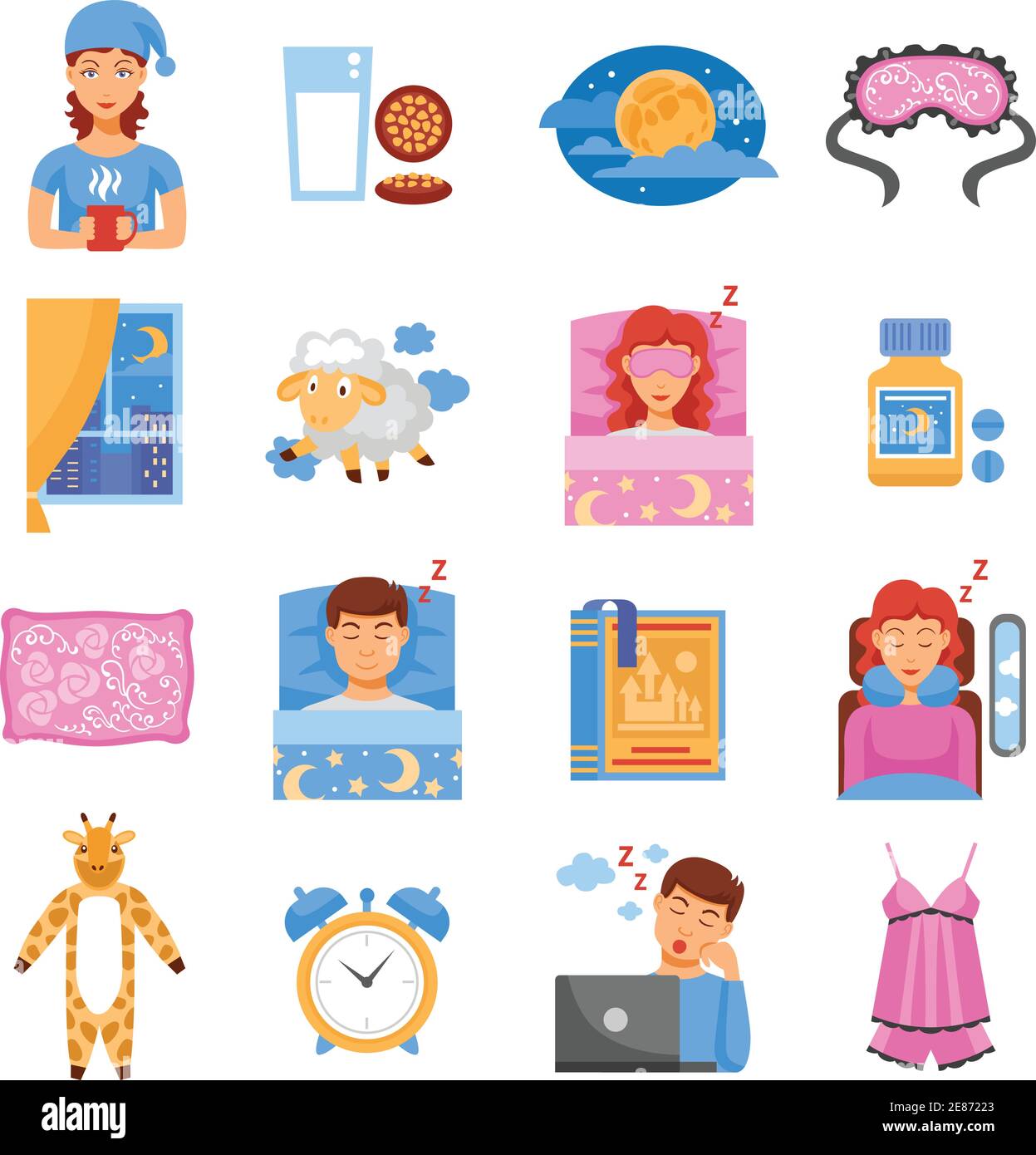 Healthy sleep habits symbols flat icons set with bedroom relaxation ...