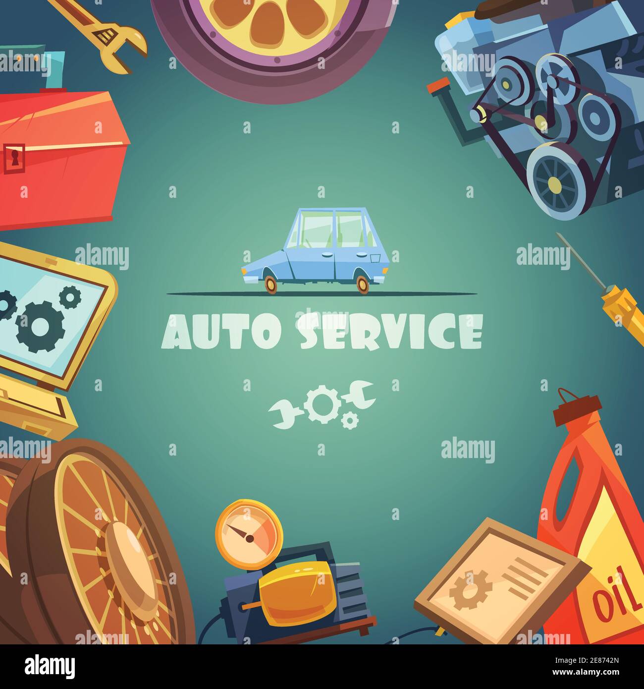 Auto service cartoon background with maintenance and repair symbols ...