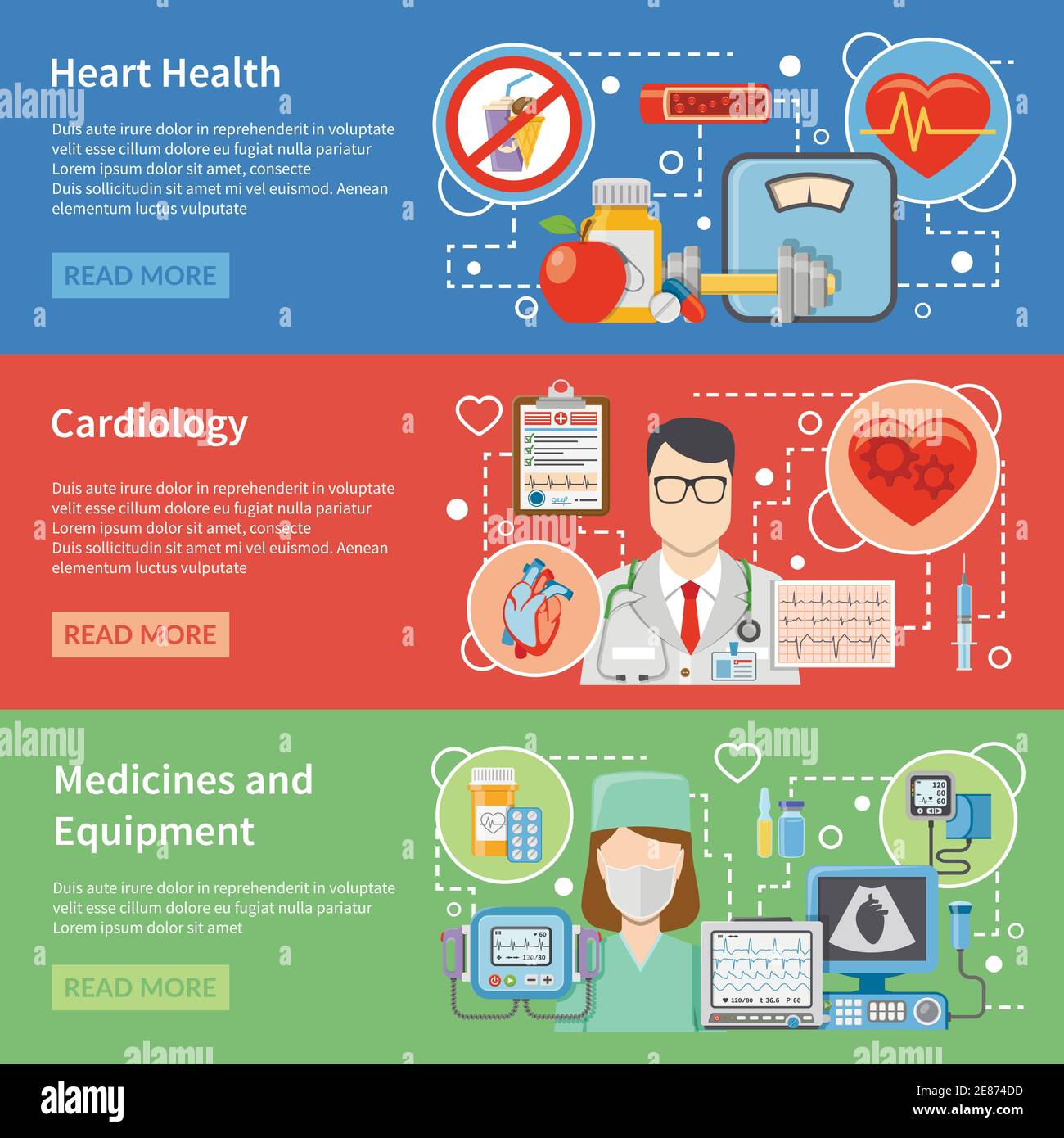 Horizontal cardiology flat banners with medicines and equipment for ...