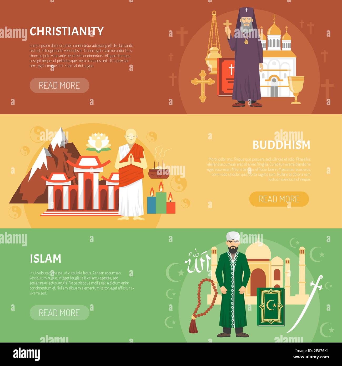 Color horizontal flat banners about religion confession christianity ...