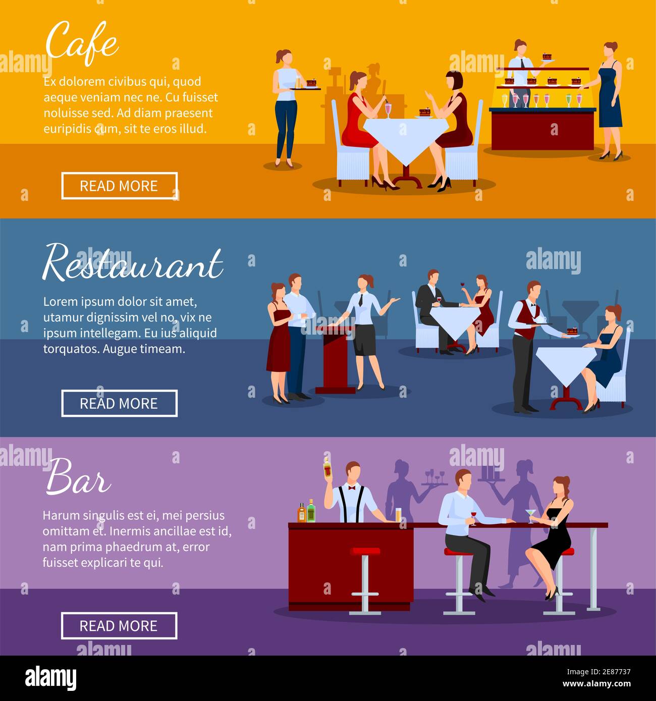 Catering horizontal banners set with restaurant symbols flat isolated ...