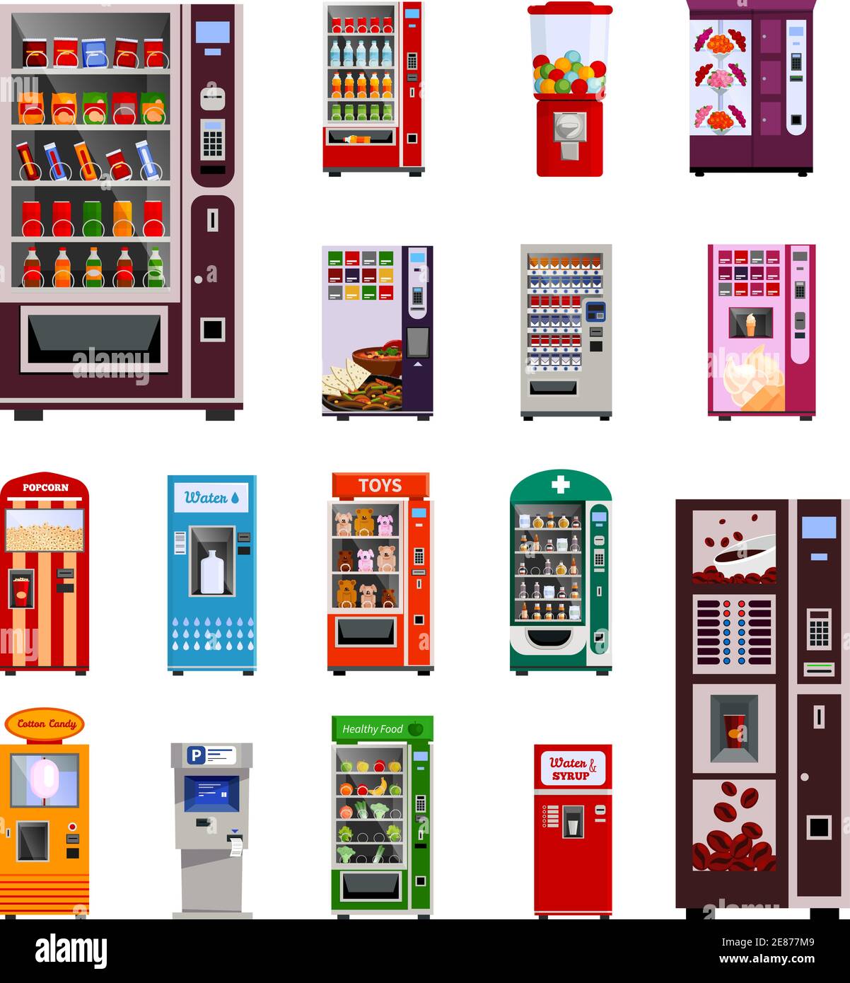 Vending machines icons set with toys water and coffee machines flat isolated vector illustration ...