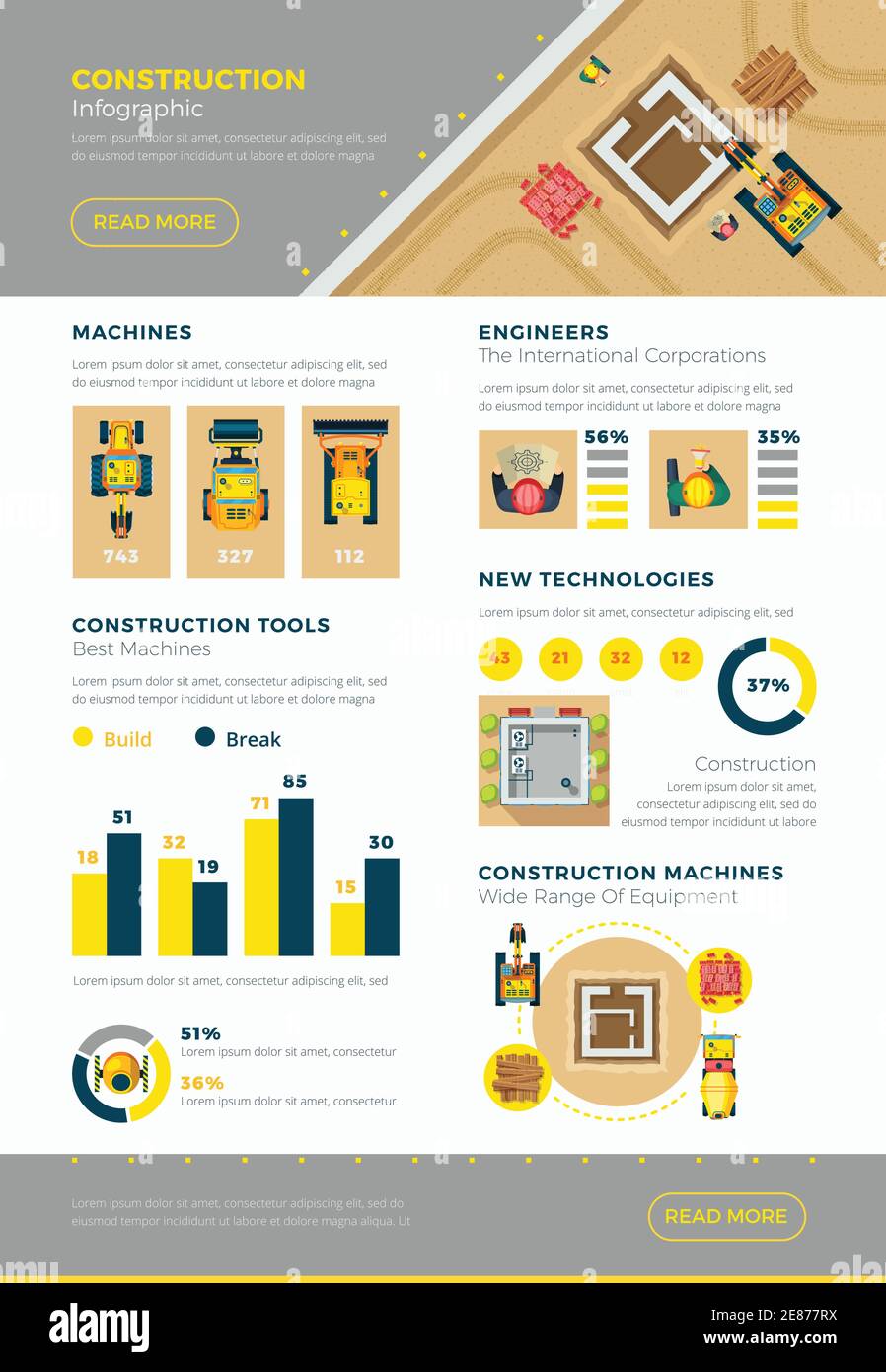 Construction infographic set tools and technologies symbols flat vector ...