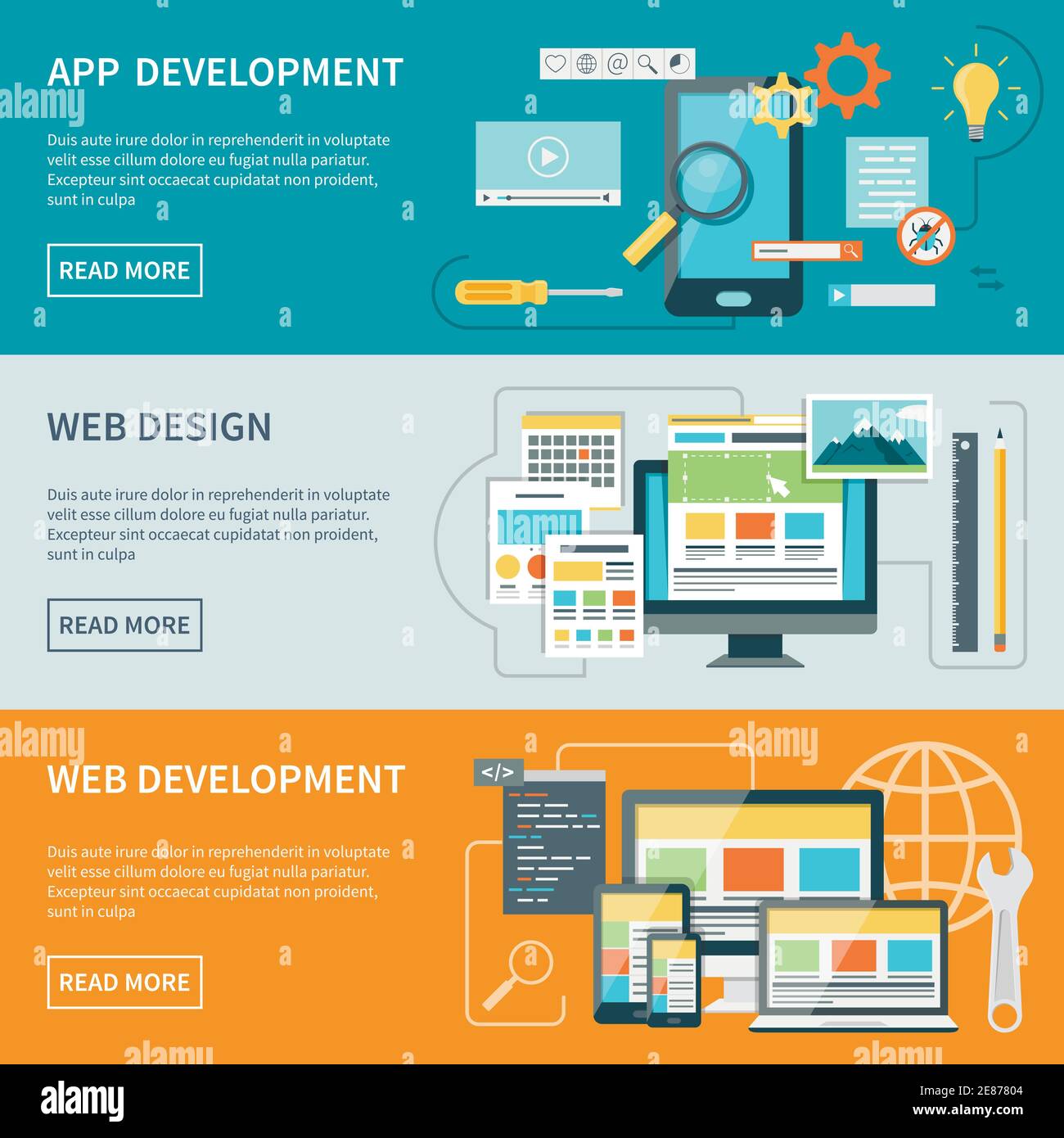 Set of three horizontal concept banners illustrated aspects of website ...