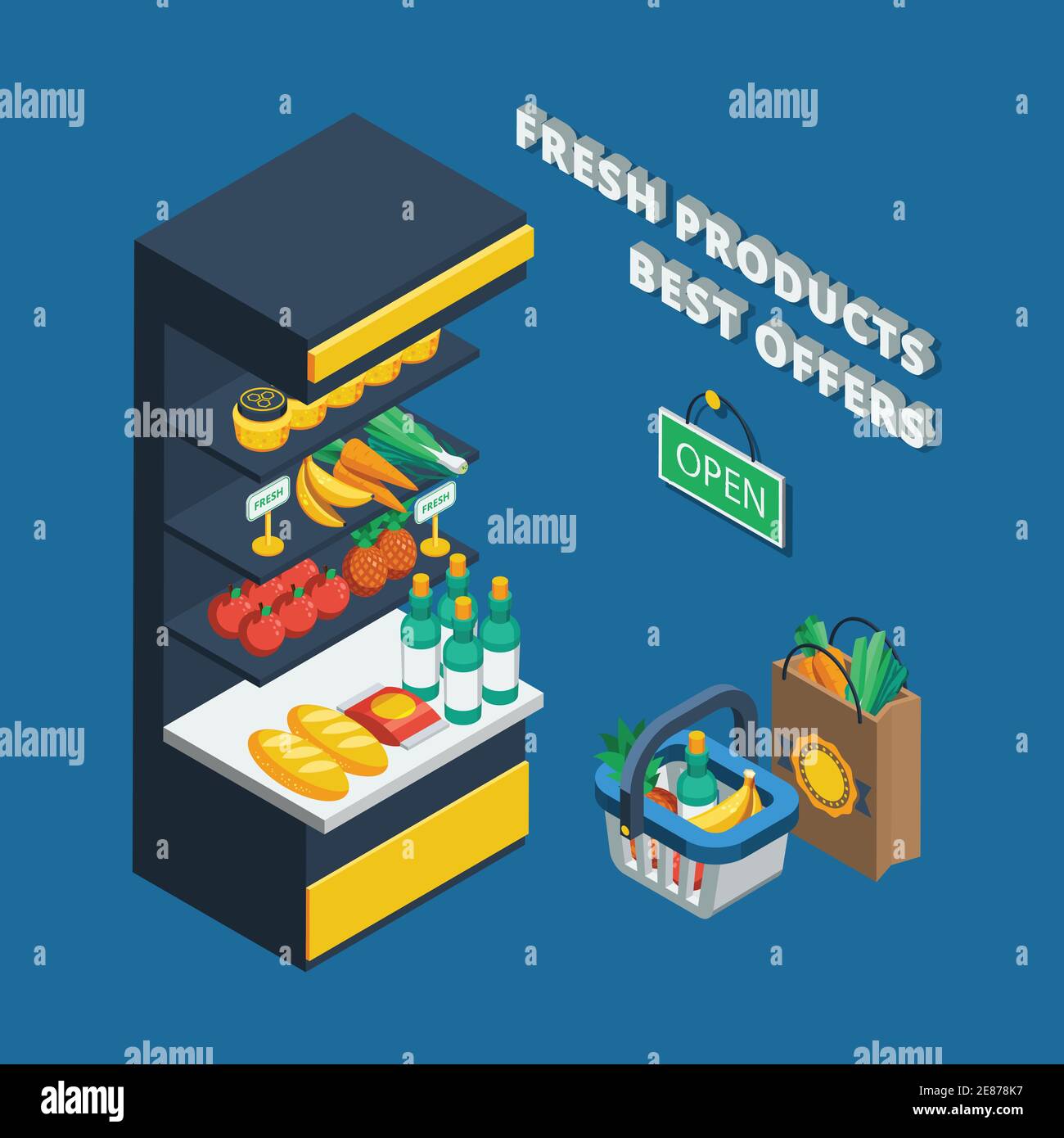 Isometric shelving icon in abstract shop and different accessories like ...