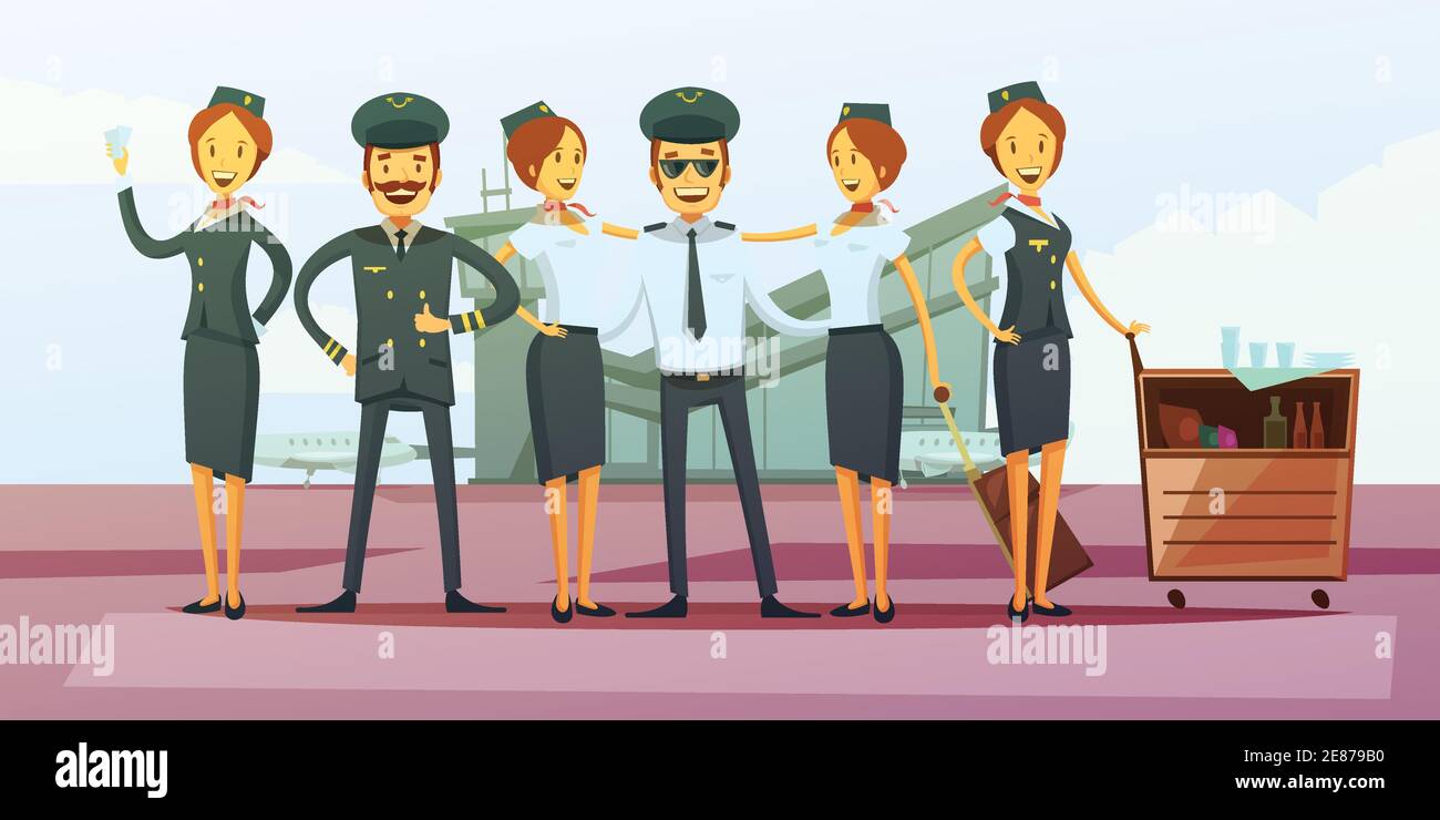 Plane crew cartoon background with pilot and flight attendants vector ...