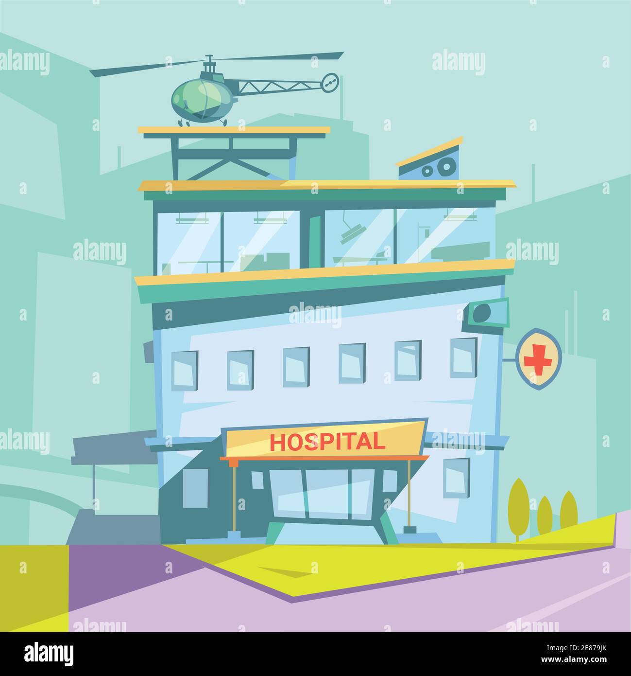 Hospital building retro cartoon with helicopter and transparent windows ...