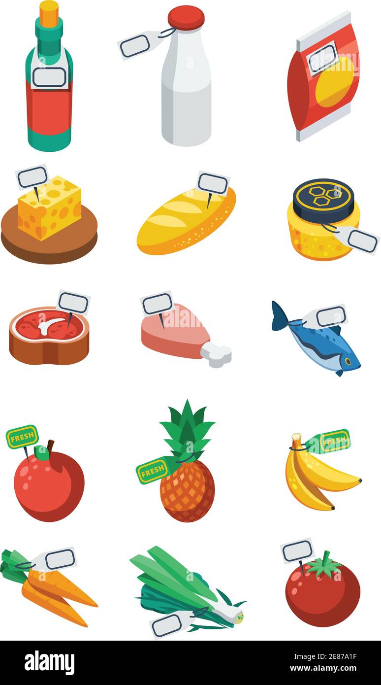 Supermarket isometric decorative isolated flat icons of food with price ...