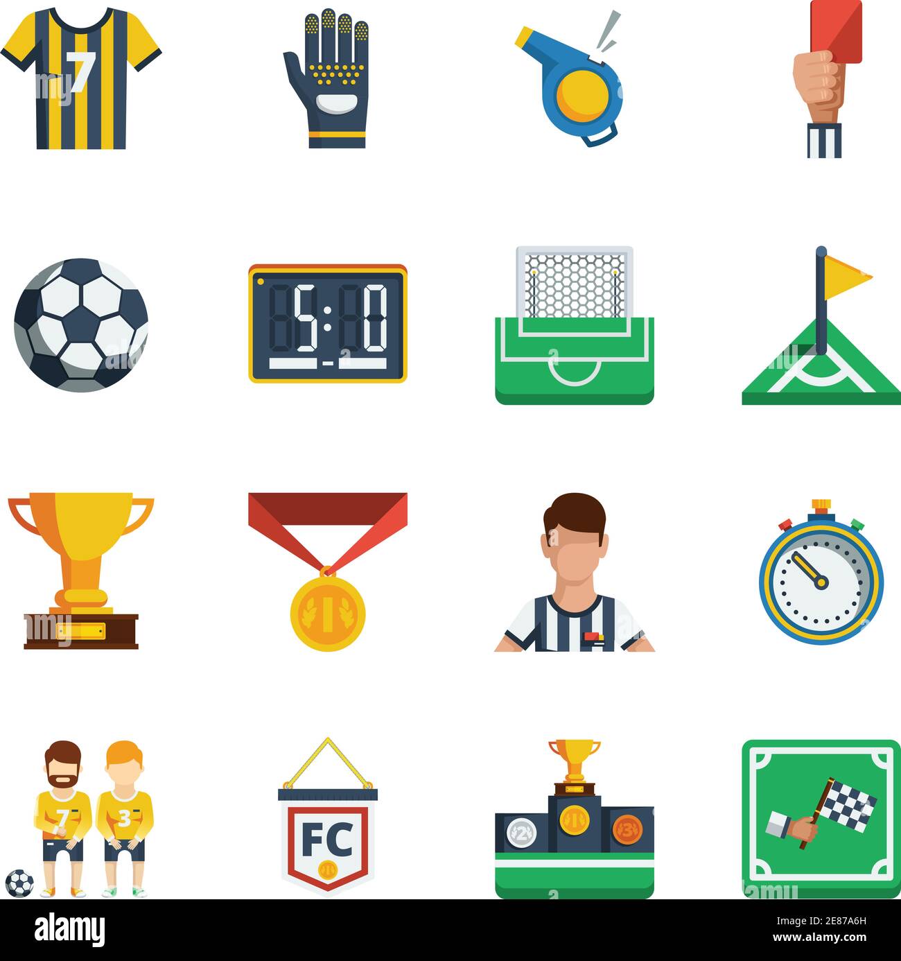 Soccer flat isolated colored icon set with different equipment and ...