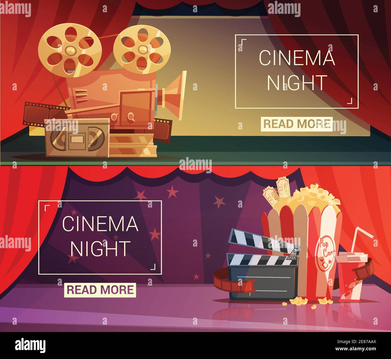 Cinema cartoon horizontal banners set with cinema night symbols ...
