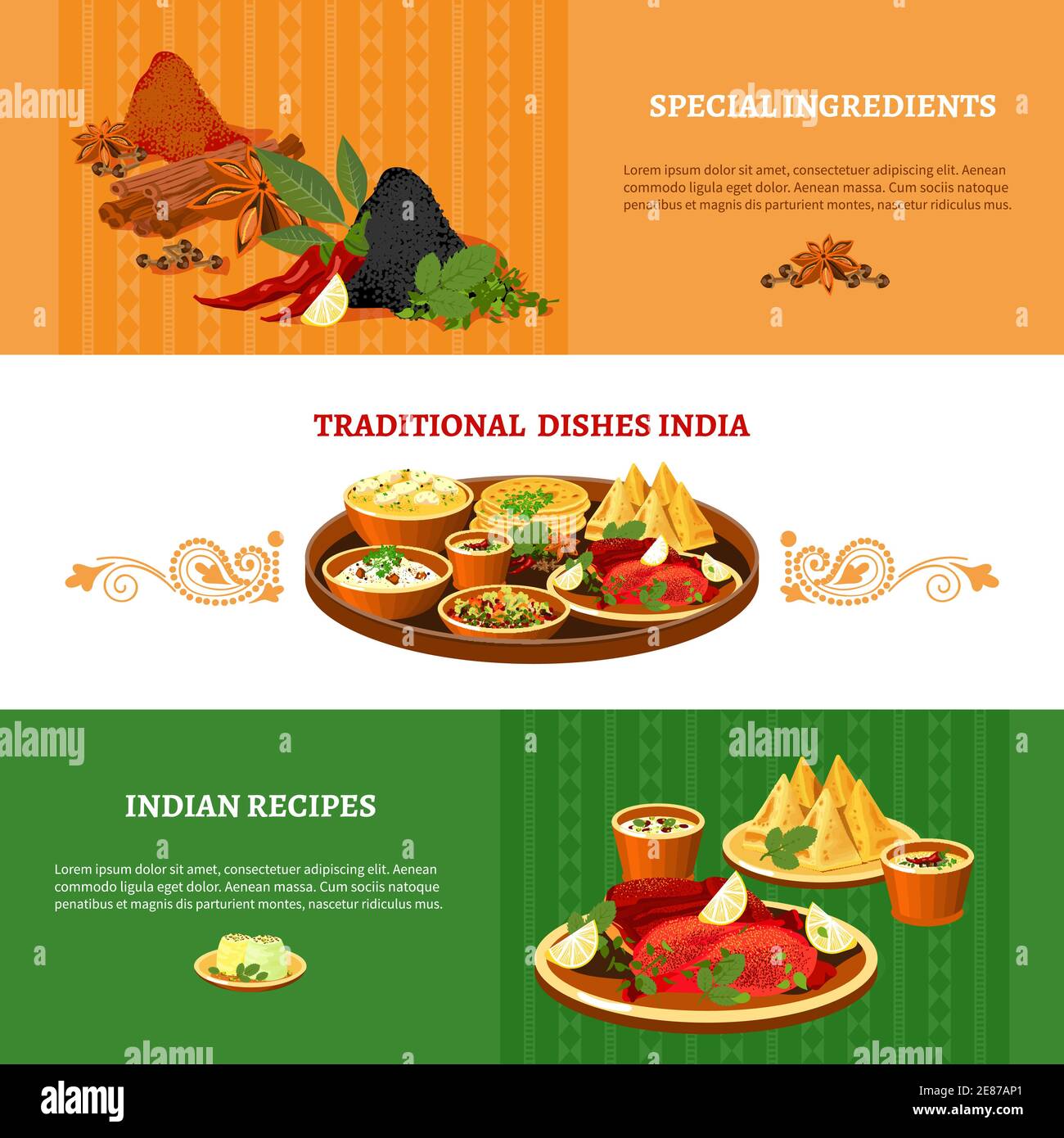 Indian cuisine 3 flat banners set with traditional dishes with special ingredients recipes ...
