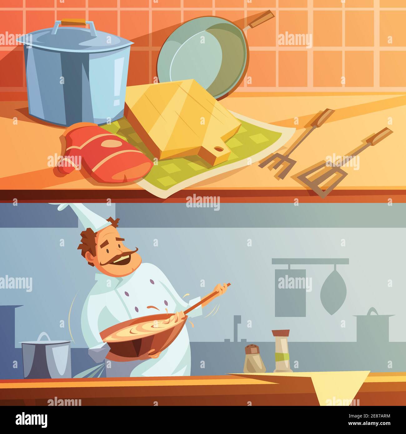 Cooking cartoon horizontal banners set with chef and kitchen utensils ...