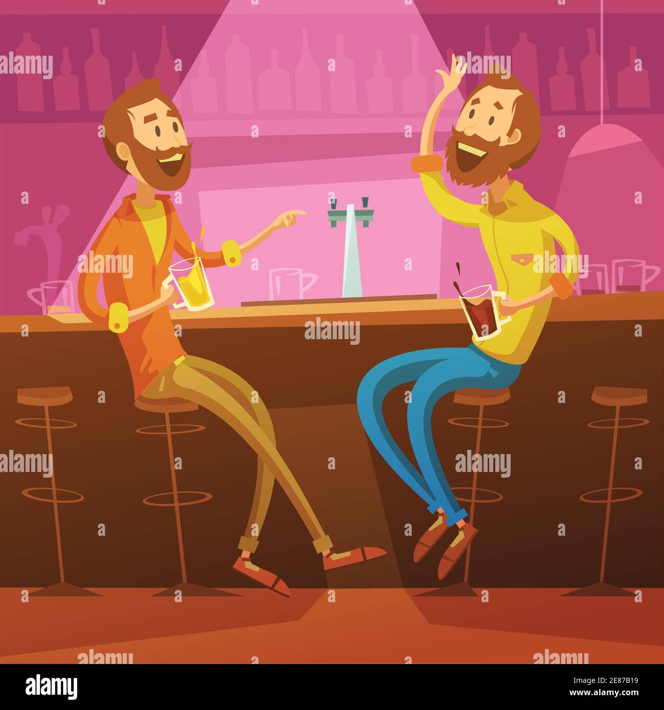 Talking and drinking friends in the bar background with chairs and beer ...