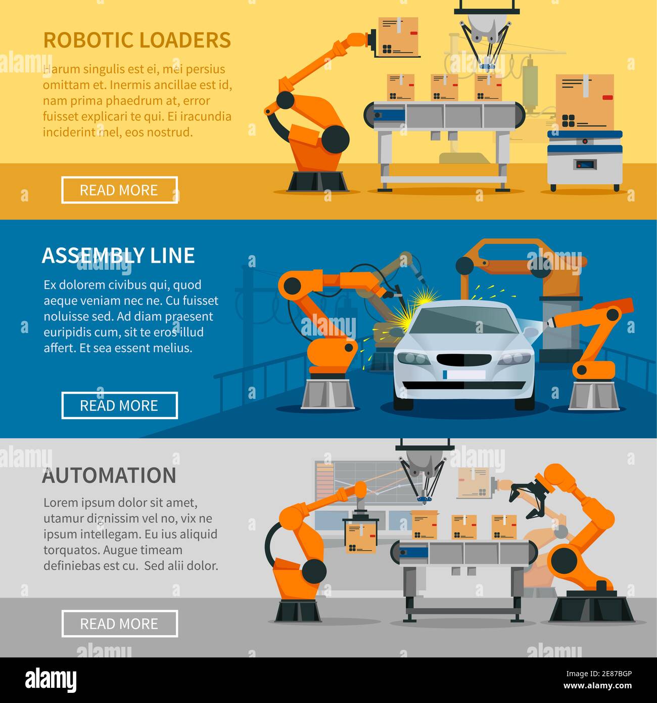 Automation horizontal banners set with assembly line and robotic loaders symbols flat isolated ...