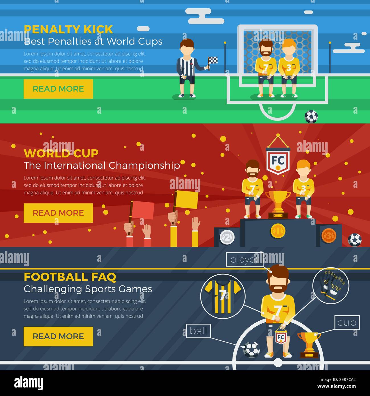 Football horizontal banner set with different stages and elements of ...